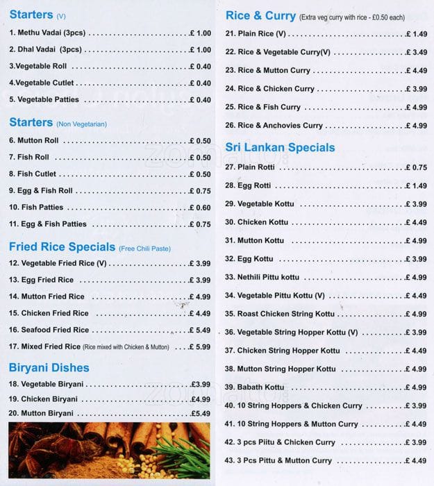 Menu at Ceylon Choice restaurant, Harrow, 26 (Rear