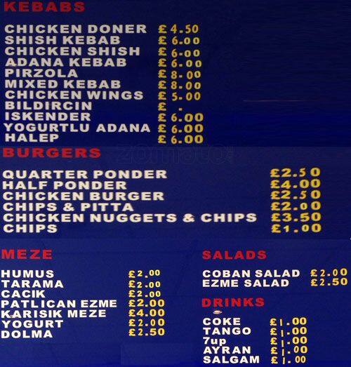 Menu at Pavro Ocakbasi restaurant, London