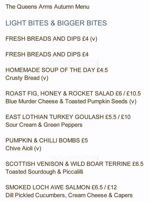 Menu at Queens Arms pub & bar, Edinburgh