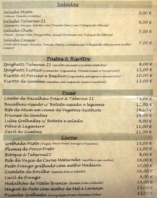 Menu at Taberna 21 restaurant, Lisbon