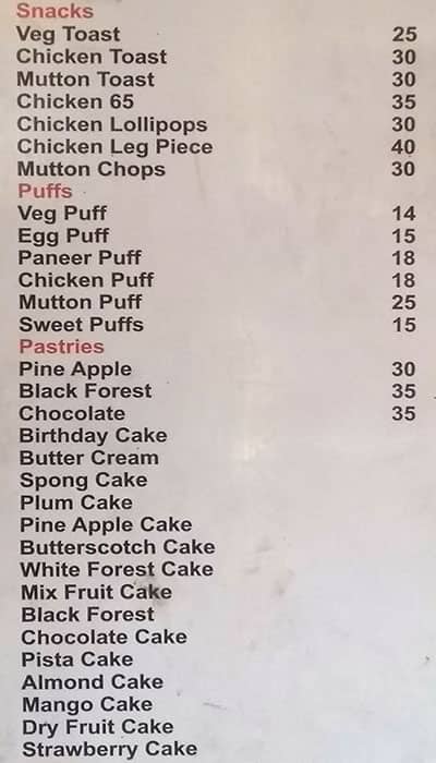Menu at Triple A Bakery, Secunderabad, Plot No.21