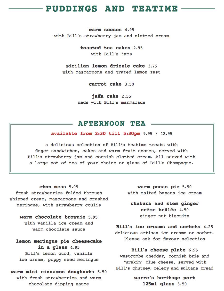 Menu at Bill's Bristol Restaurant, Bristol