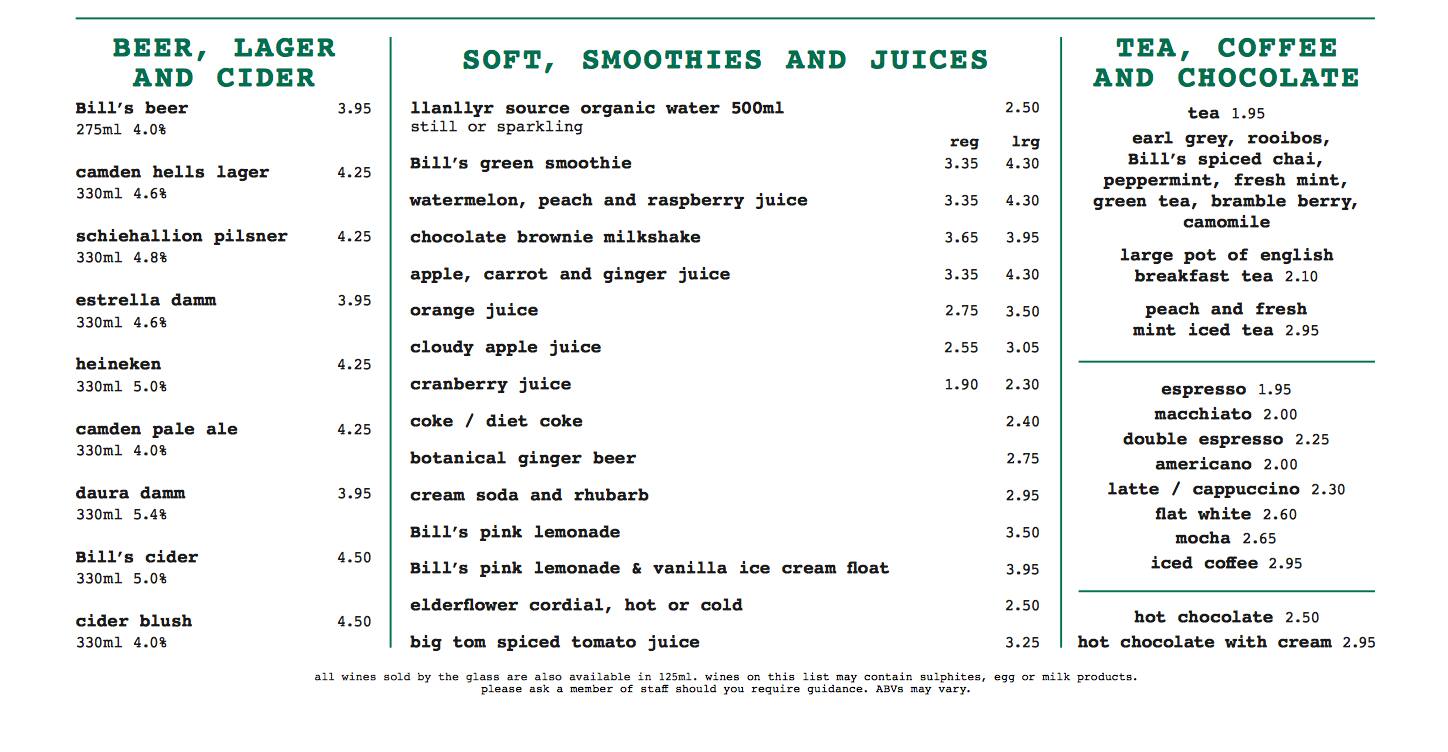 Menu at Bill's Bristol Restaurant, Bristol