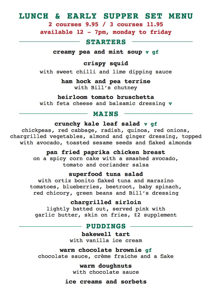 Menu at Bill's Bristol Restaurant, Bristol