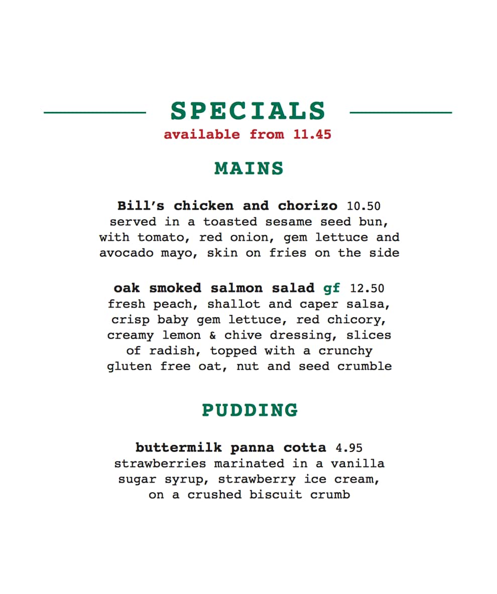Menu at Bill's Bristol Restaurant, Bristol