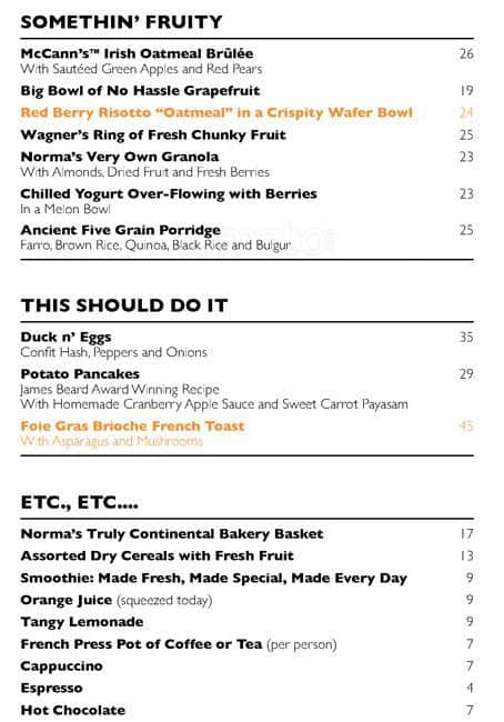 Menu at NORMA’S restaurant, West New York, 119 W 56th St