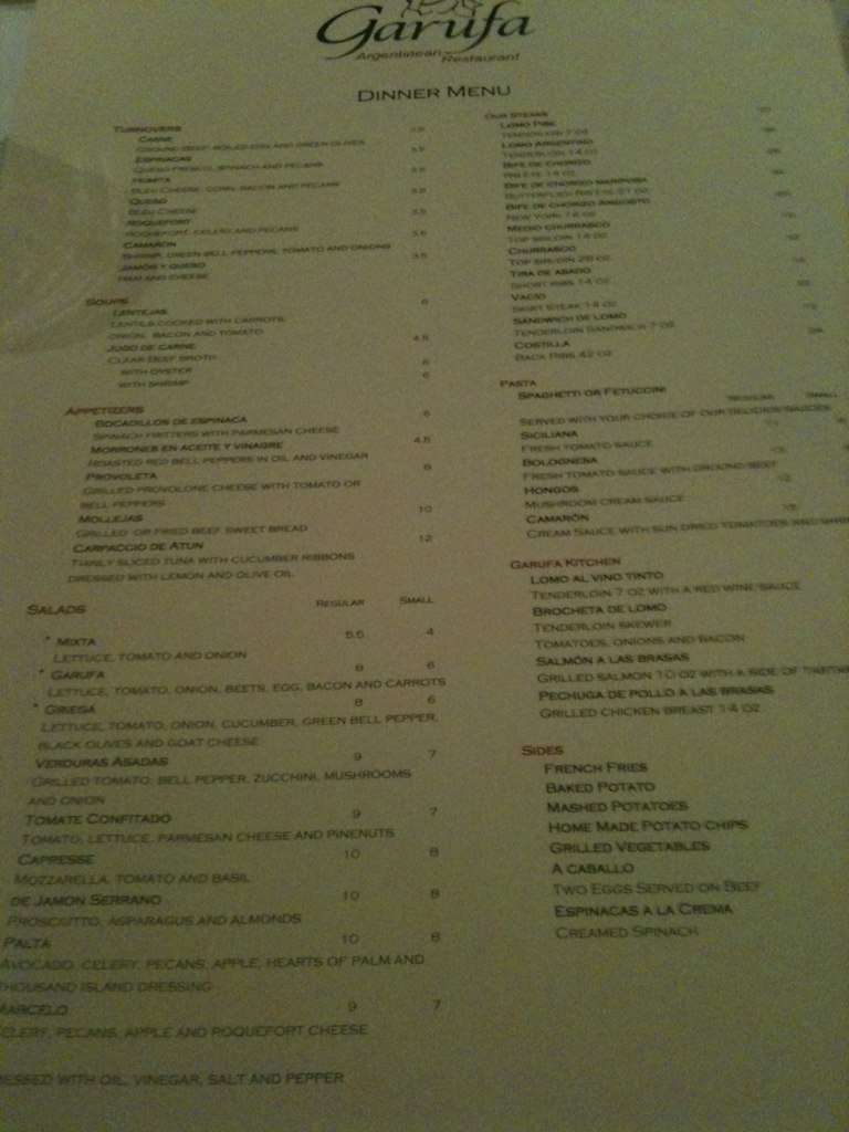 Menu at Garufa steakhouse, El Paso