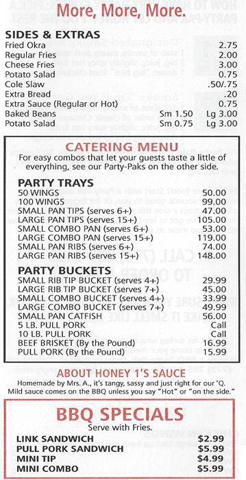 Menu at Honey 1 BBQ, Chicago, 746 E 43rd St