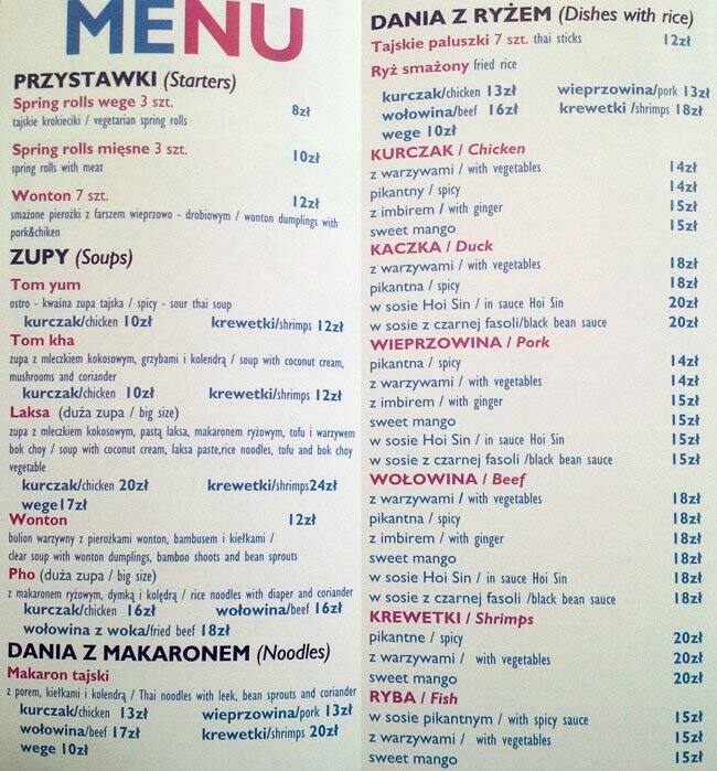 Menu at Thai Style restaurant, Warsaw, ulica Stanisława Noakowskiego
