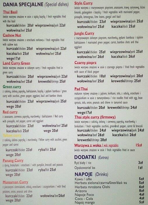 Menu at Thai Style restaurant, Warsaw, ulica Stanisława Noakowskiego
