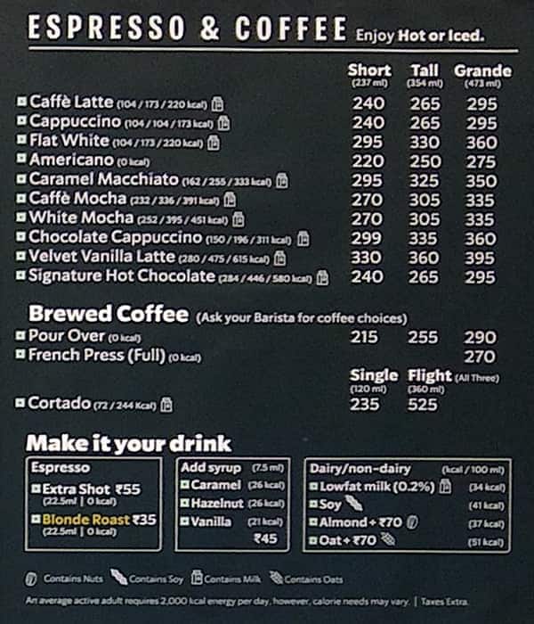 Menu of Starbucks Coffee, Ranjit Avenue, Amritsar