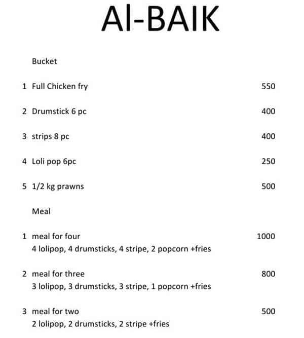 Menu of Al Baik, Mumbai Central, Mumbai
