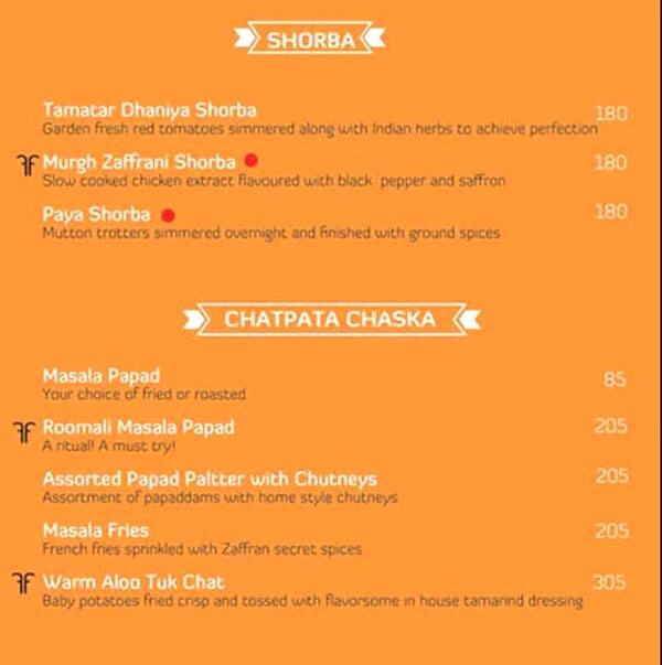 Menu of Zafraan, Gachibowli, Hyderabad