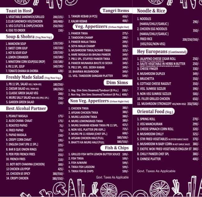 Menu of Eleven Brew Bar & Restaurant, Urban Estate, Patiala