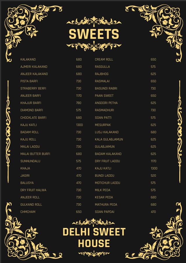 Menu of Delhi Sweet House, Tarnaka, Hyderabad