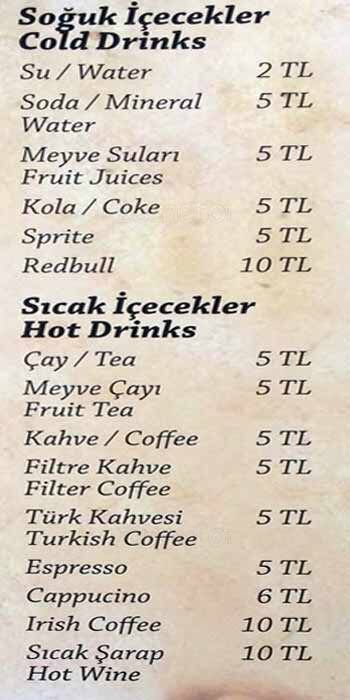 Menu at Campus Beyoglu, Istanbul