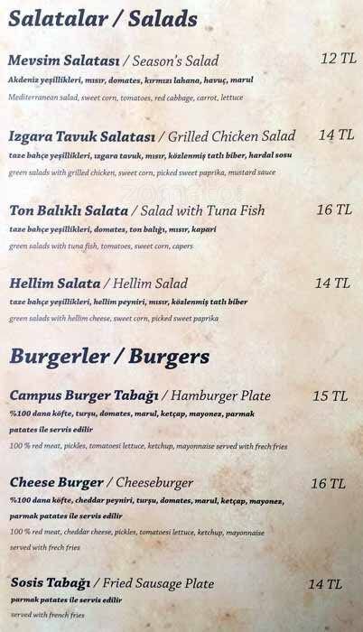 Menu at Campus Beyoglu, Istanbul