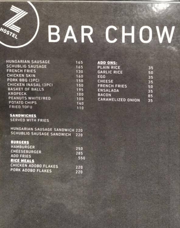 Menu at Z Hostel restaurant, Makati