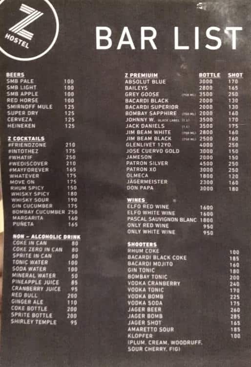 Menu at Z Hostel restaurant, Makati