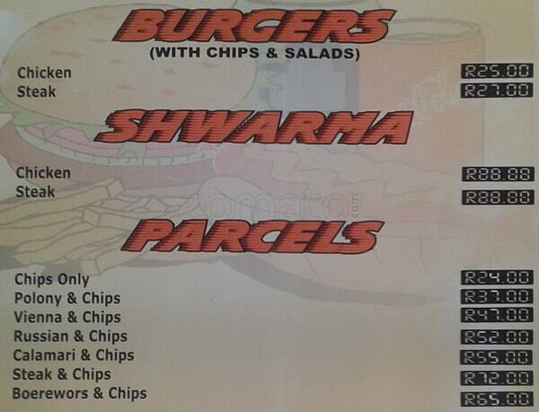 Menu at Fast And Furious Foods, Cape Town