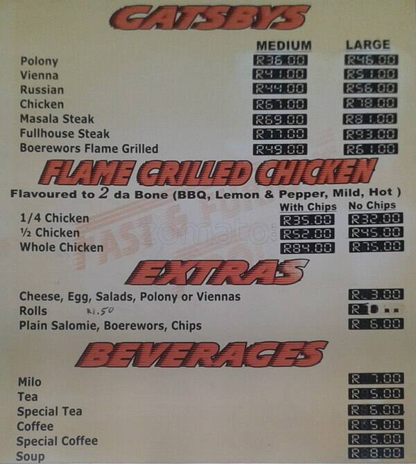 Menu at Fast And Furious Foods, Cape Town