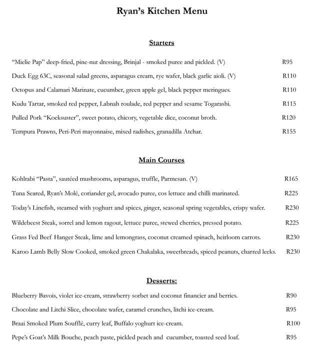 Menu at Ryan's Kitchen restaurant, Franschhoek, 1