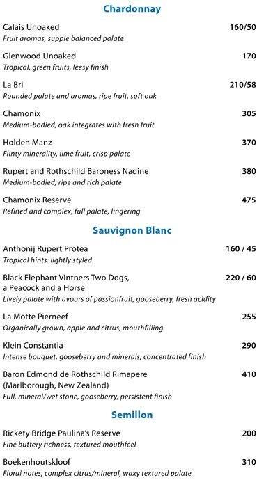 Menu at Ryan's Kitchen restaurant, Franschhoek, 1