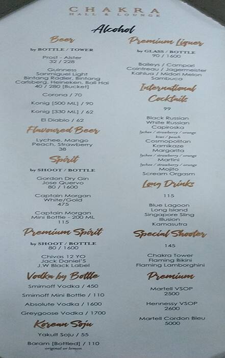 Menu at Chakra Hall & Lounge restaurant, Tangerang