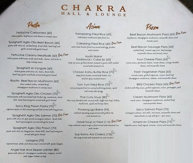 Menu at Chakra Hall & Lounge restaurant, Tangerang