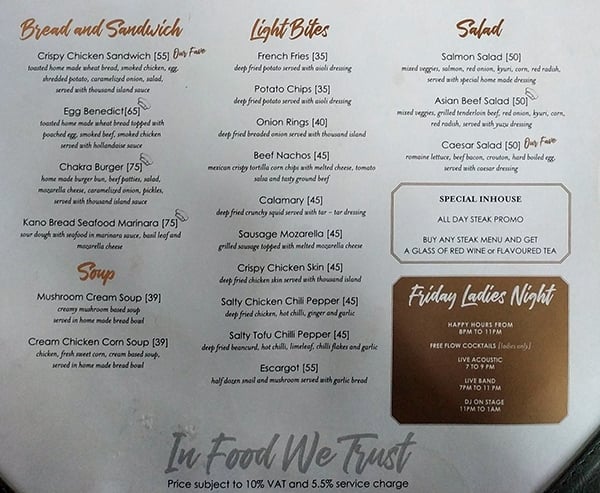 Menu at Chakra Hall & Lounge restaurant, Tangerang