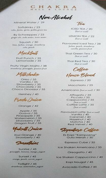 Menu at Chakra Hall & Lounge restaurant, Tangerang