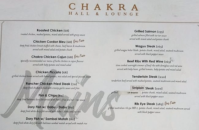 Menu at Chakra Hall & Lounge restaurant, Tangerang