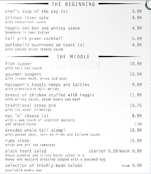 Menu at The Inn On The Mile pub & bar, Edinburgh