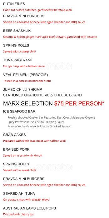 Menu at Pravda Vodka Bar, Toronto