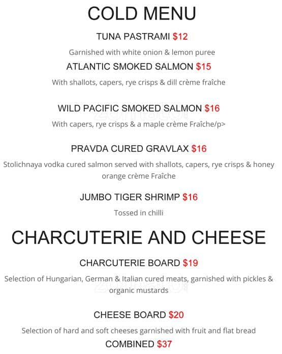 Menu at Pravda Vodka Bar, Toronto