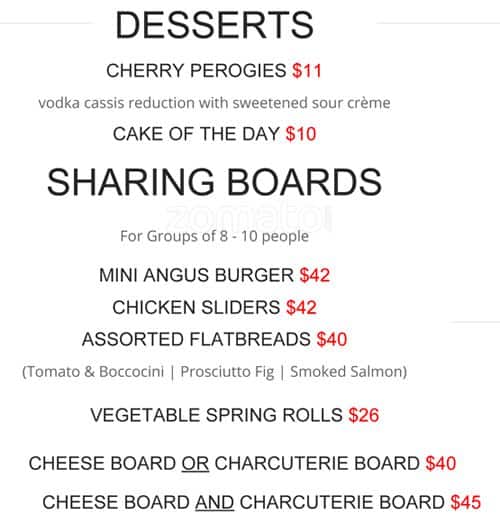 Menu at Pravda Vodka Bar, Toronto