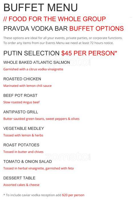 Menu at Pravda Vodka Bar, Toronto