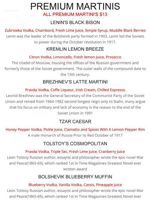 Menu at Pravda Vodka Bar, Toronto