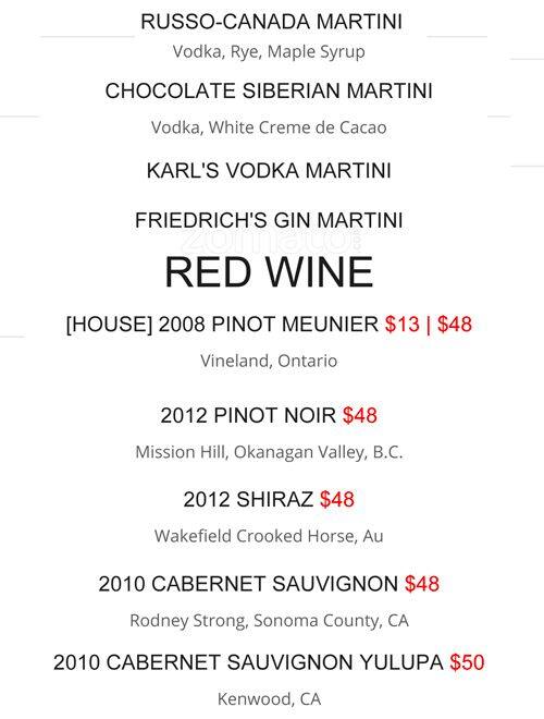 Menu at Pravda Vodka Bar, Toronto