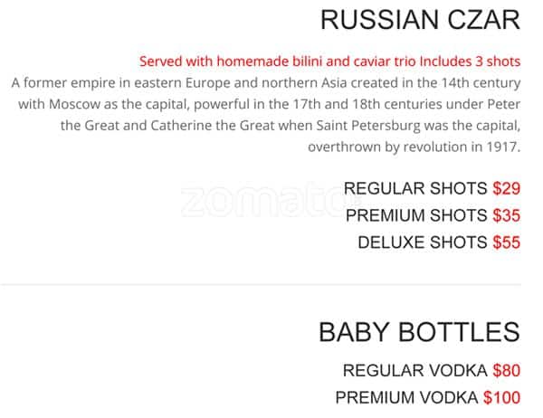 Menu at Pravda Vodka Bar, Toronto