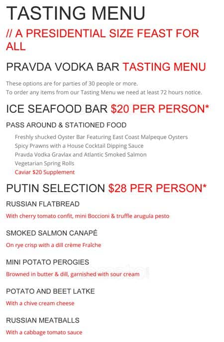 Menu at Pravda Vodka Bar, Toronto
