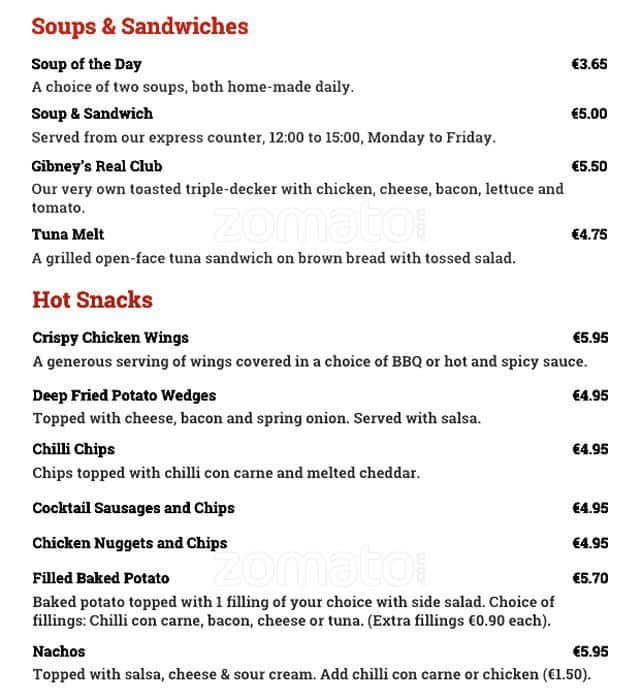 Menu at Gibneys pub & bar, Malahide