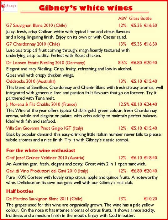 Menu at Gibneys pub & bar, Malahide