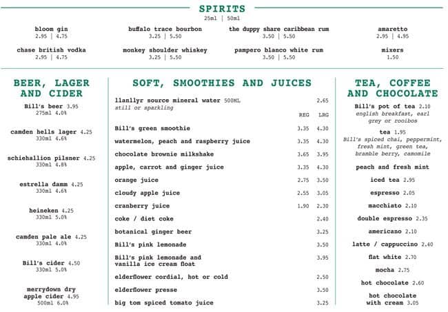 Menu at Bill's restaurant, Reigate