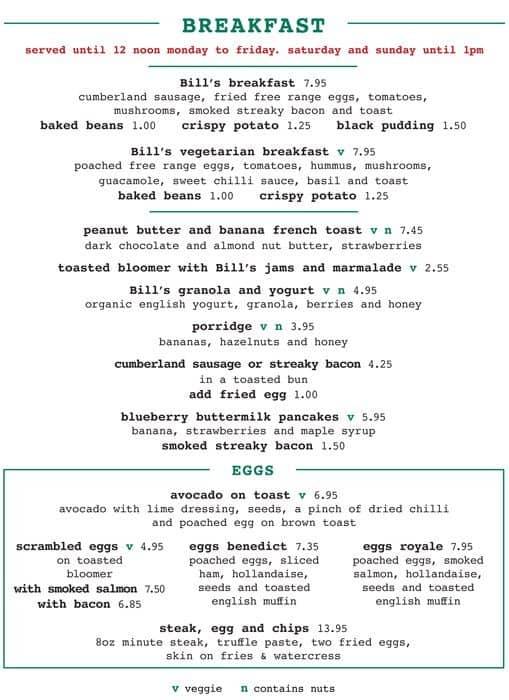 Menu at Bill's restaurant, Reigate