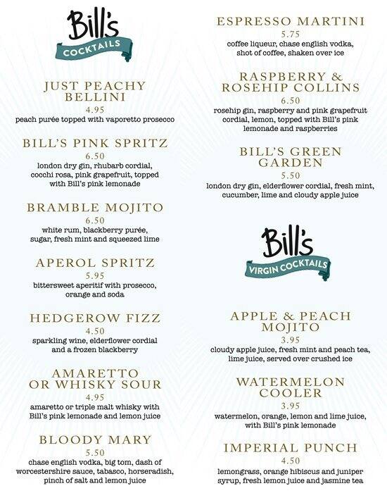 Menu at Bill's restaurant, Reigate