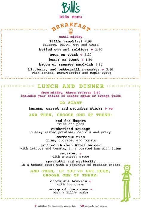 Menu at Bill's restaurant, Reigate