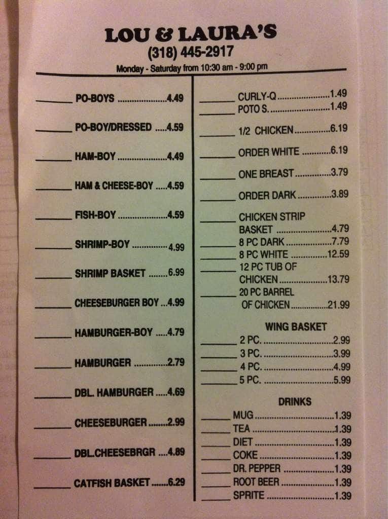 Menu at Lou & Laura's restaurant, Alexandria