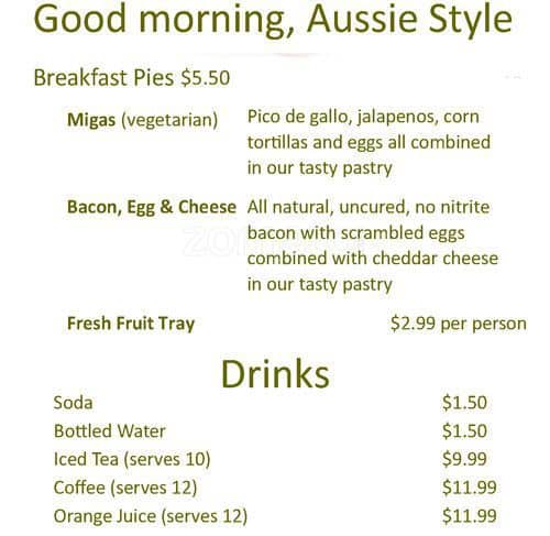 Menu at Boomerang's Handheld Aussie Pies cafe, Austin, 405 E 23rd Street