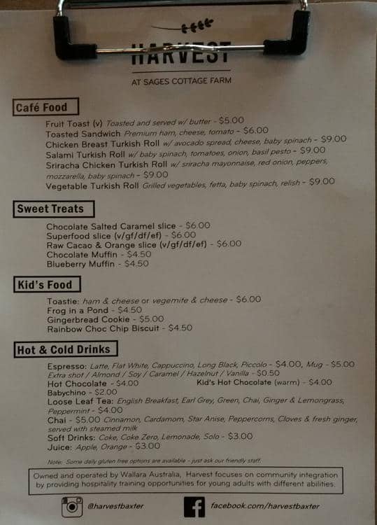 Menu at Harvest Cafe at Sages Cottage Farm, Baxter